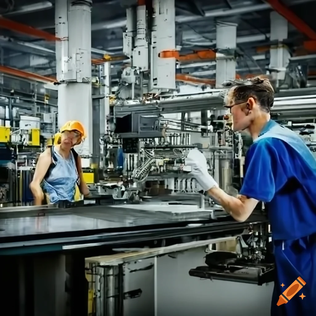 Workers organizing tech equipment in an industrial factory