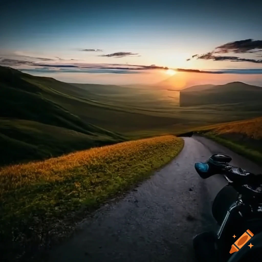 Motorbiker with hilly landscape