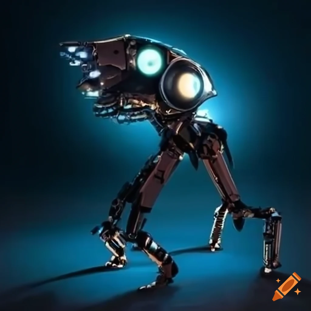 A tall robot that has long leg tunes into a robot car