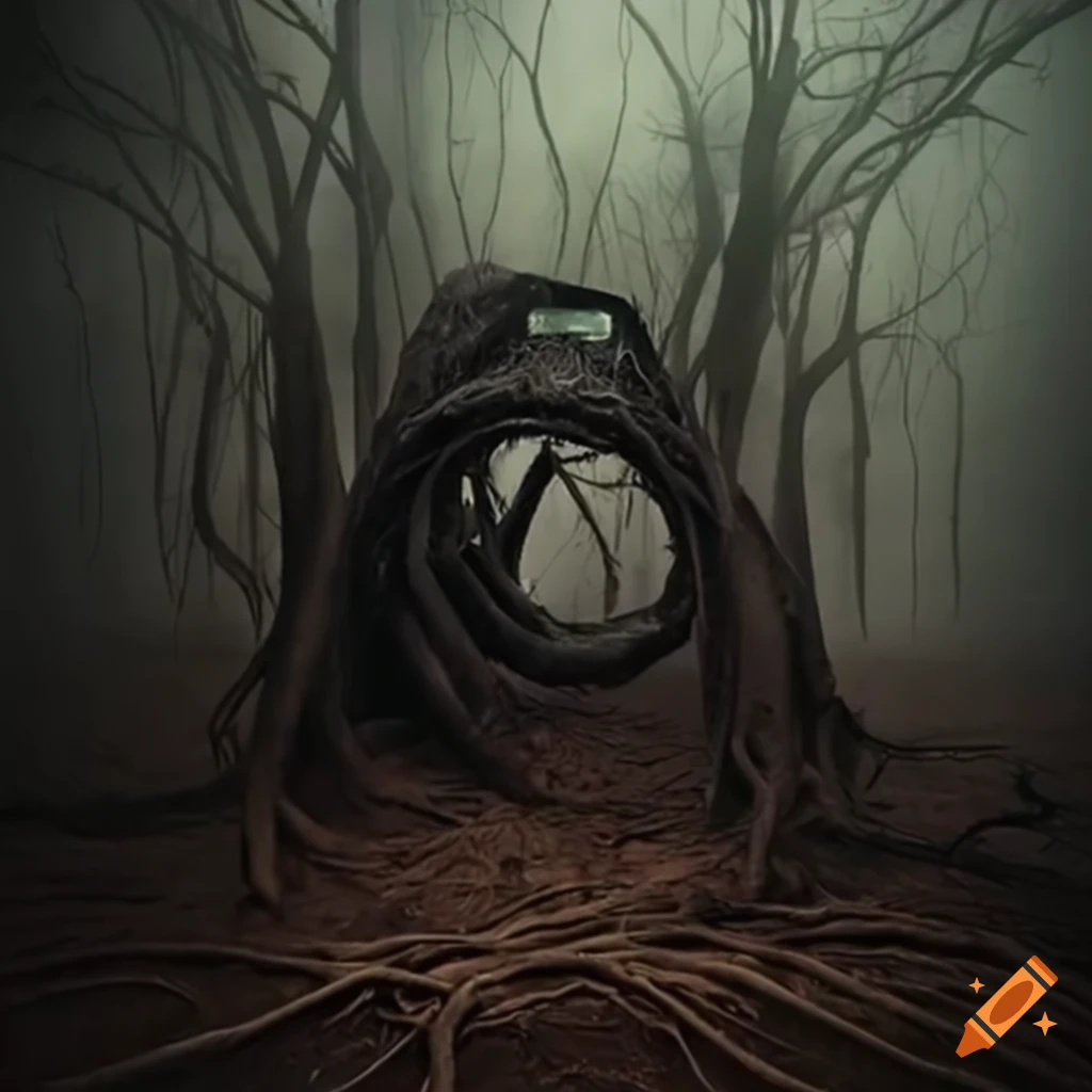 A surreal camera lens enveloped by tree roots and darkness on Craiyon