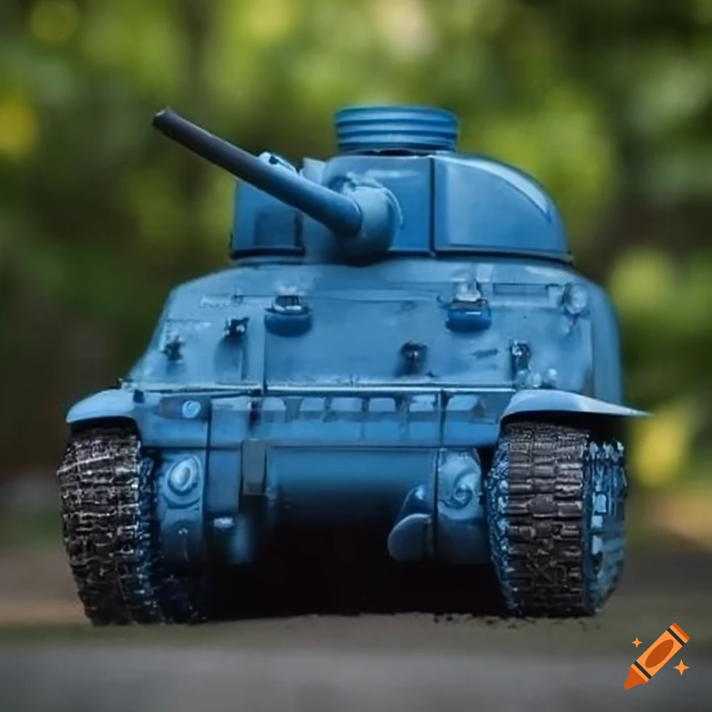 Small blue sherman tank facing forward