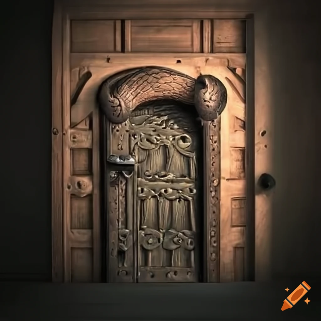 A wooden door with a snake-shaped lock, showcasing medieval fantasy on ...
