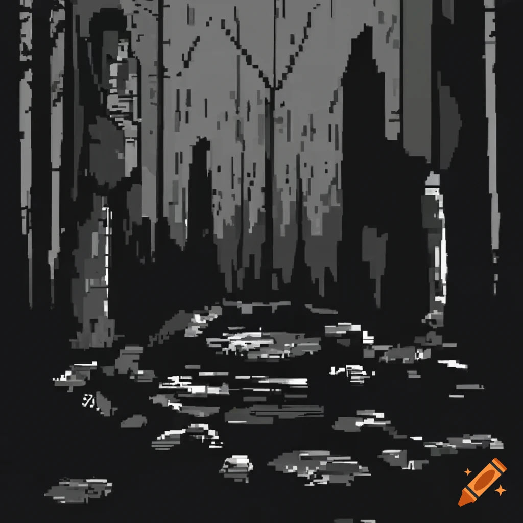 Pixelated circle of stone statues in forest in the rain on Craiyon