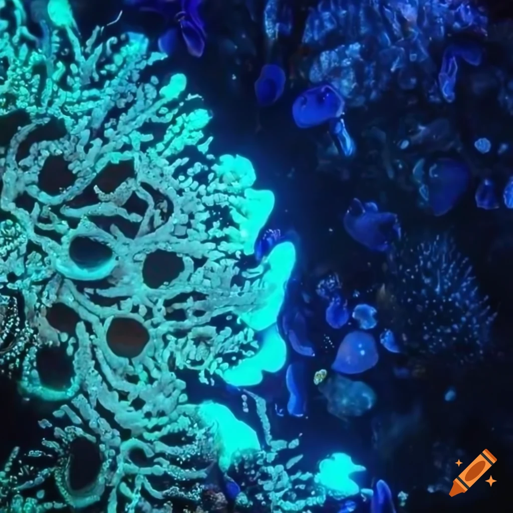 Chest full of glowing jewels on the dark ocean floor, corals, seaweed