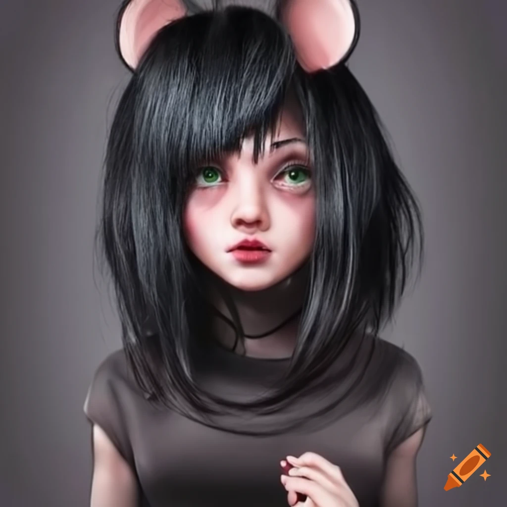 A mouse girl human with black hair in tshirt with pony haircut