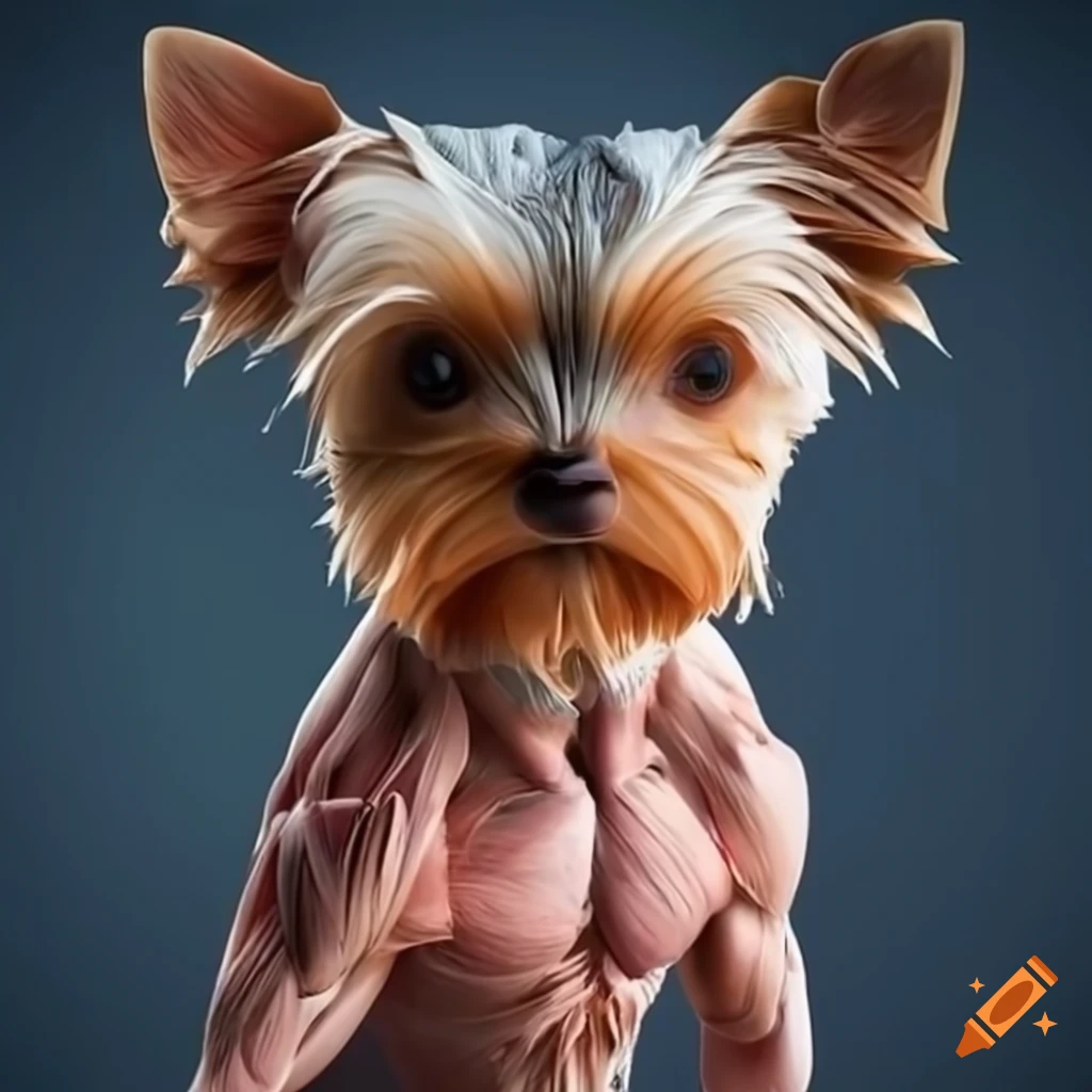 Yorkshire terrior with a human body that has strong muscles