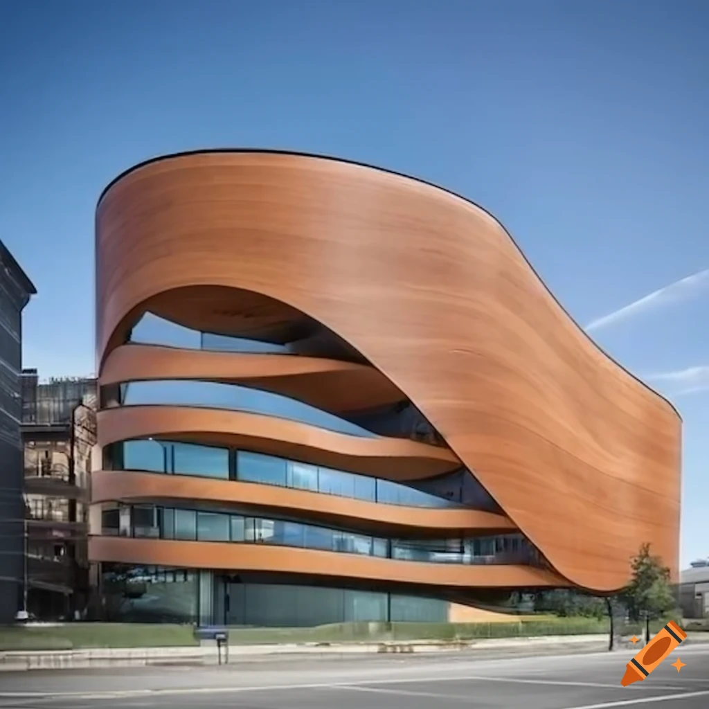 Sleek building with dramatic curves and sharp edges on Craiyon