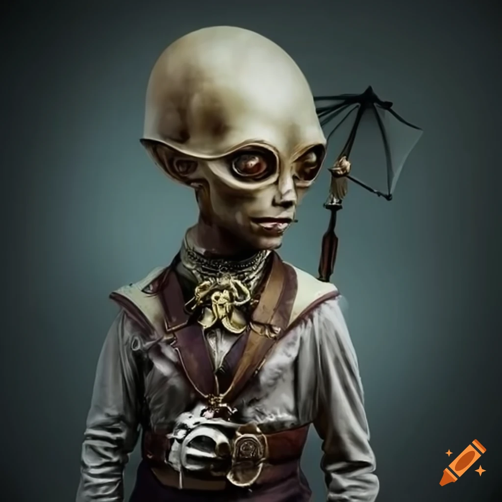 A Victorian steampunk humanoid alien holding a weaponized parasol on ...