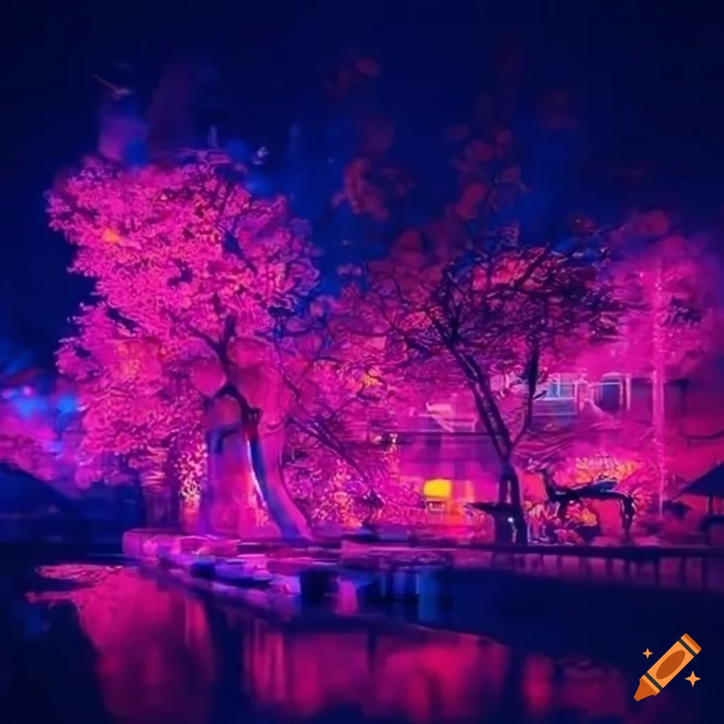 Retro-style cherry blossoms with vibrant colors and neon lights on Craiyon