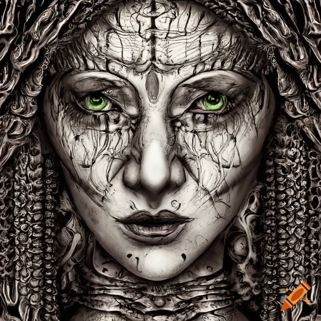 Illustration of fantasy woman close up face in style of h.r. giger on ...