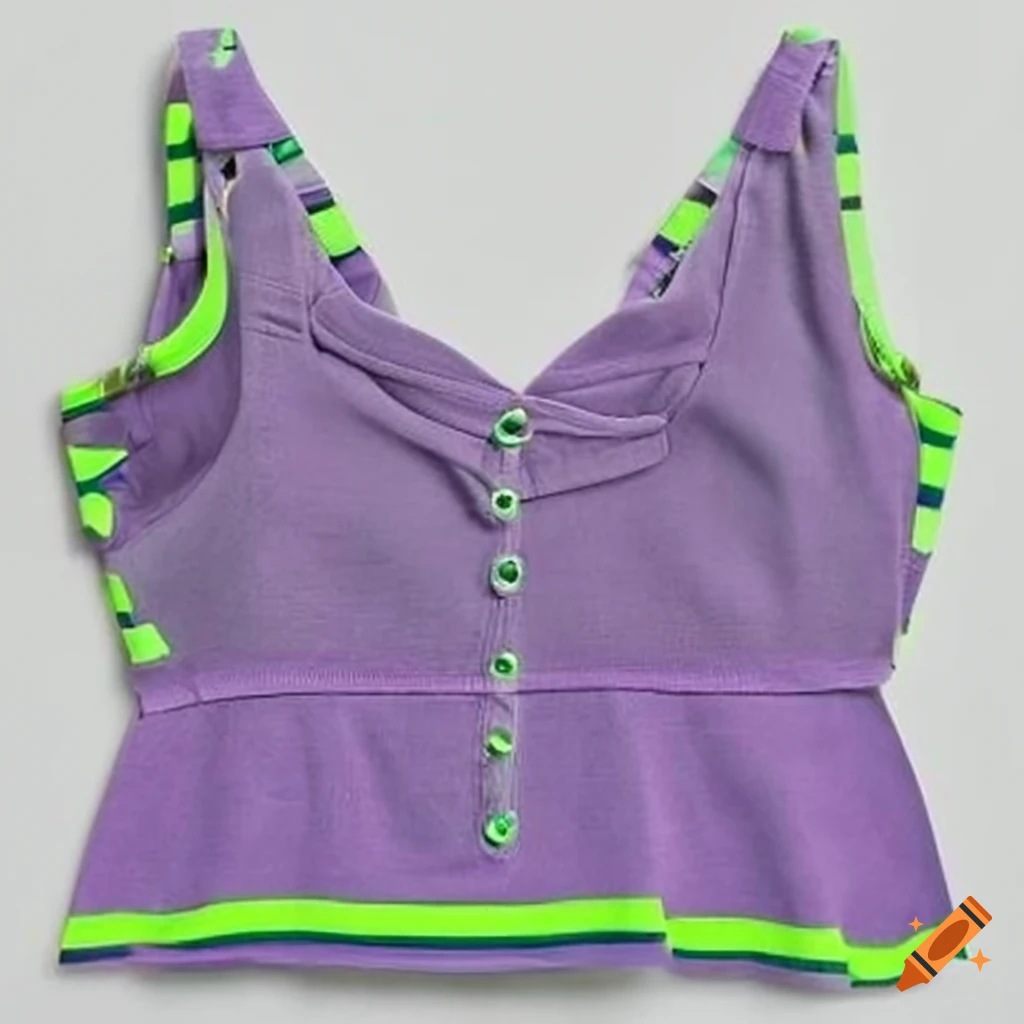 A vest-like crop top that is half-lilac, half-lime green (the two ...