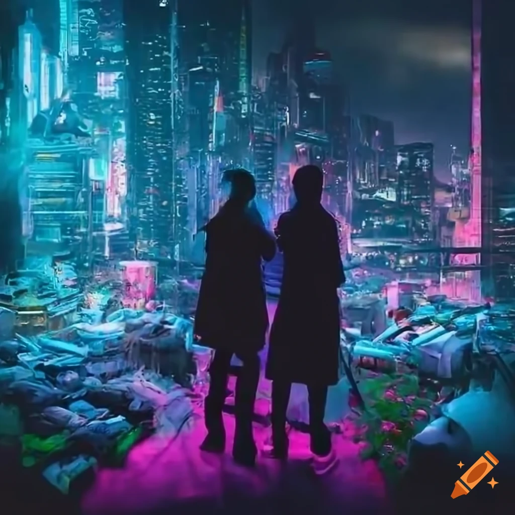 Two micro humans watching a distopyan cyberpunk city with neon lights ...
