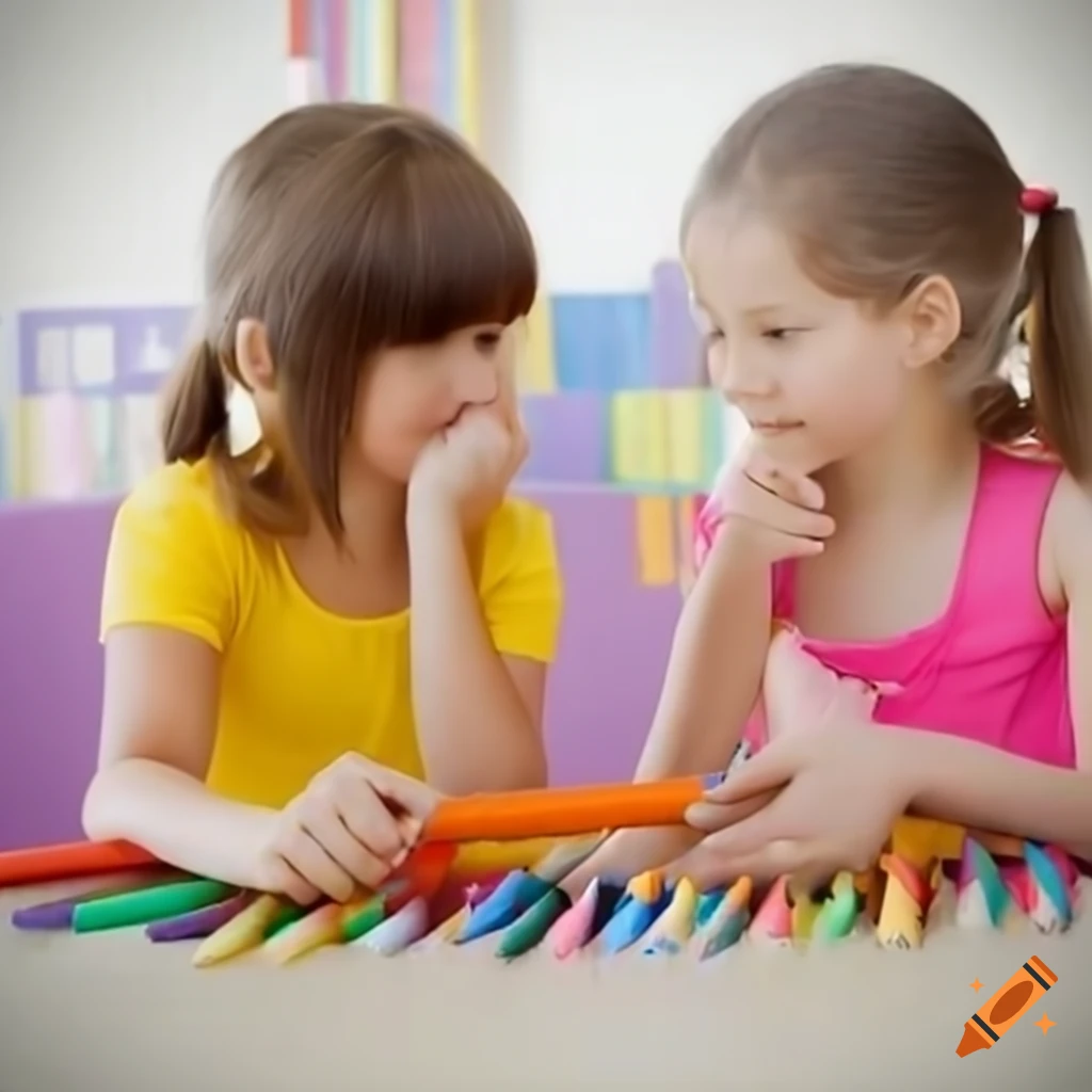 Two girls facing a mountain of crayons