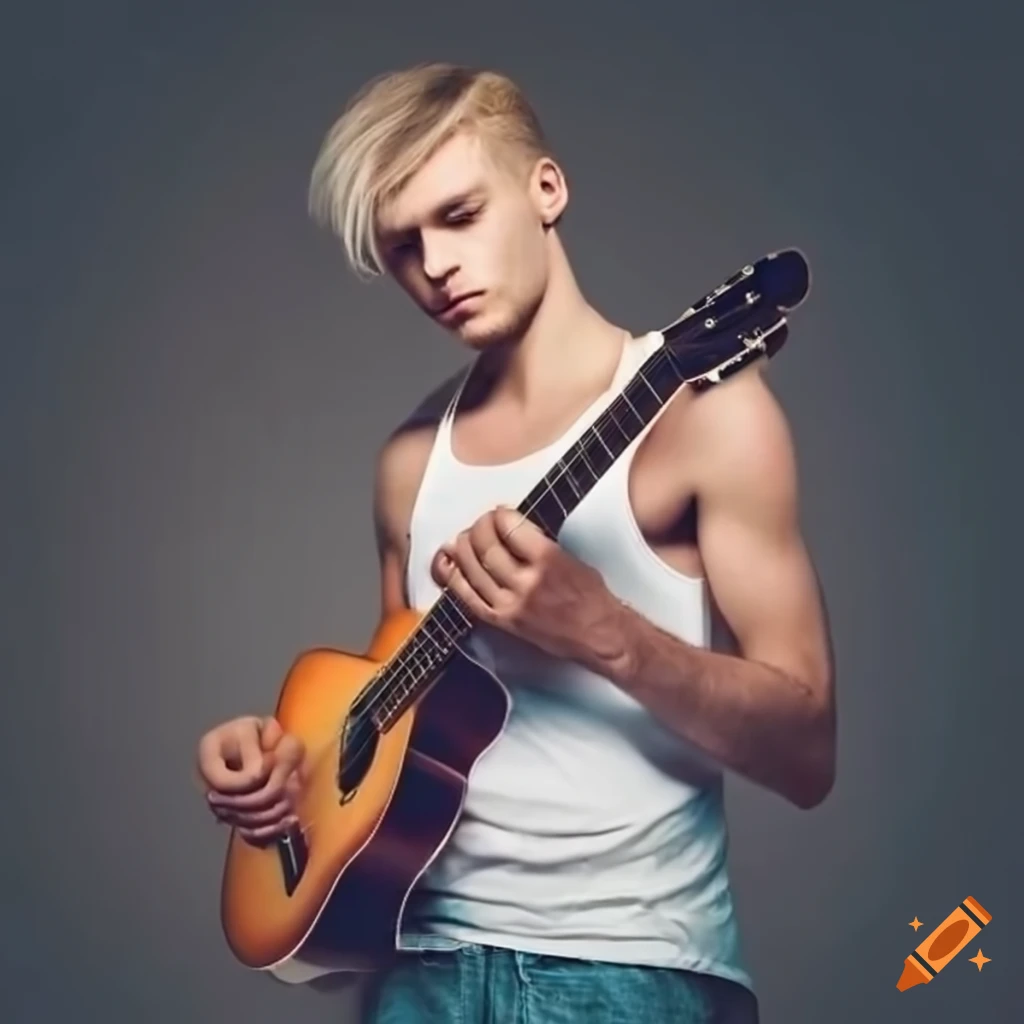 Handsome lean guy with blonde manbun in white tank top playing guitar ...