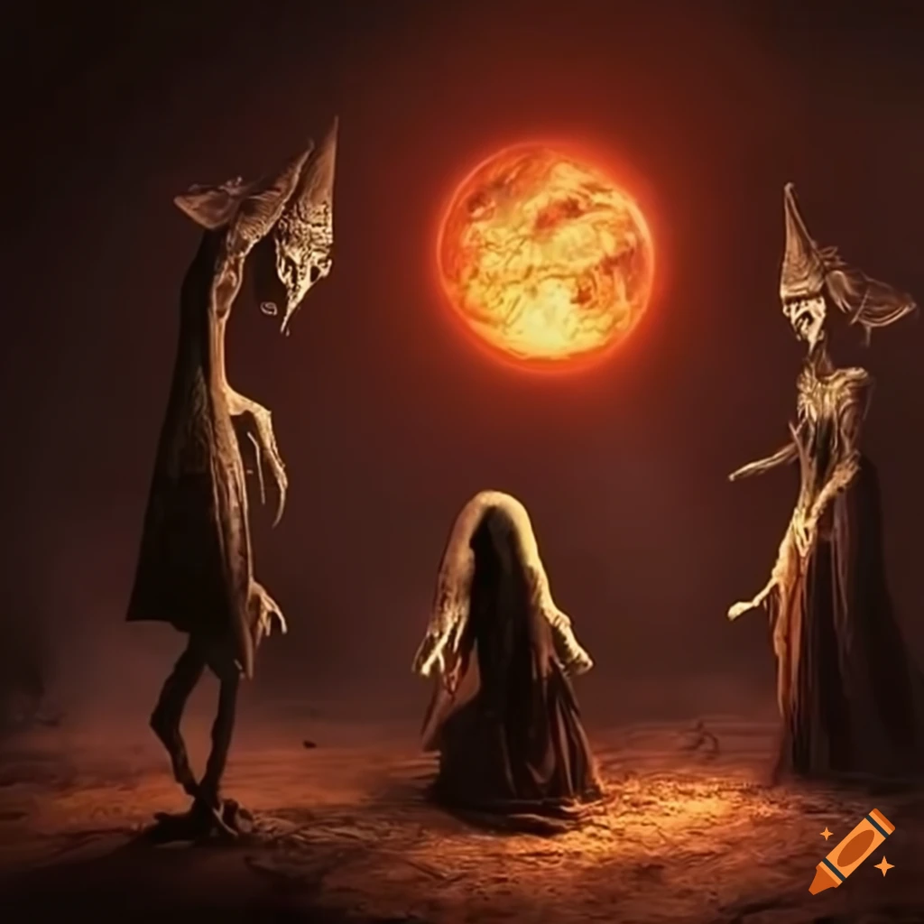 Three alien witches gathered around the remains of a dead planet