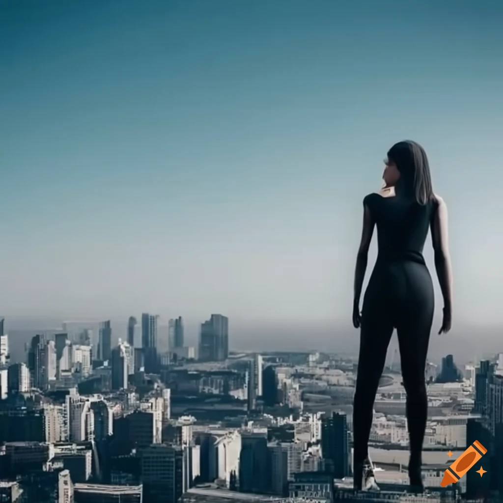 Giant woman overlooking a minimalistic cityscape with awe-inspiring ...