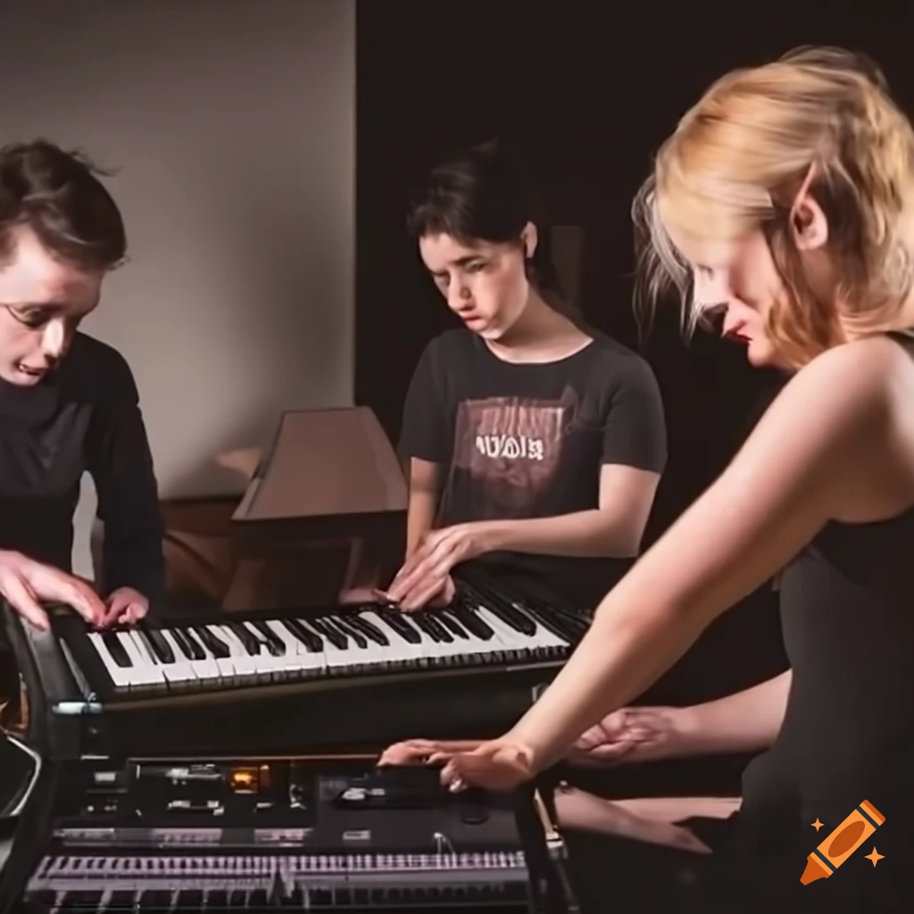A band of three people (two male and a female) playign synthesizer at ...