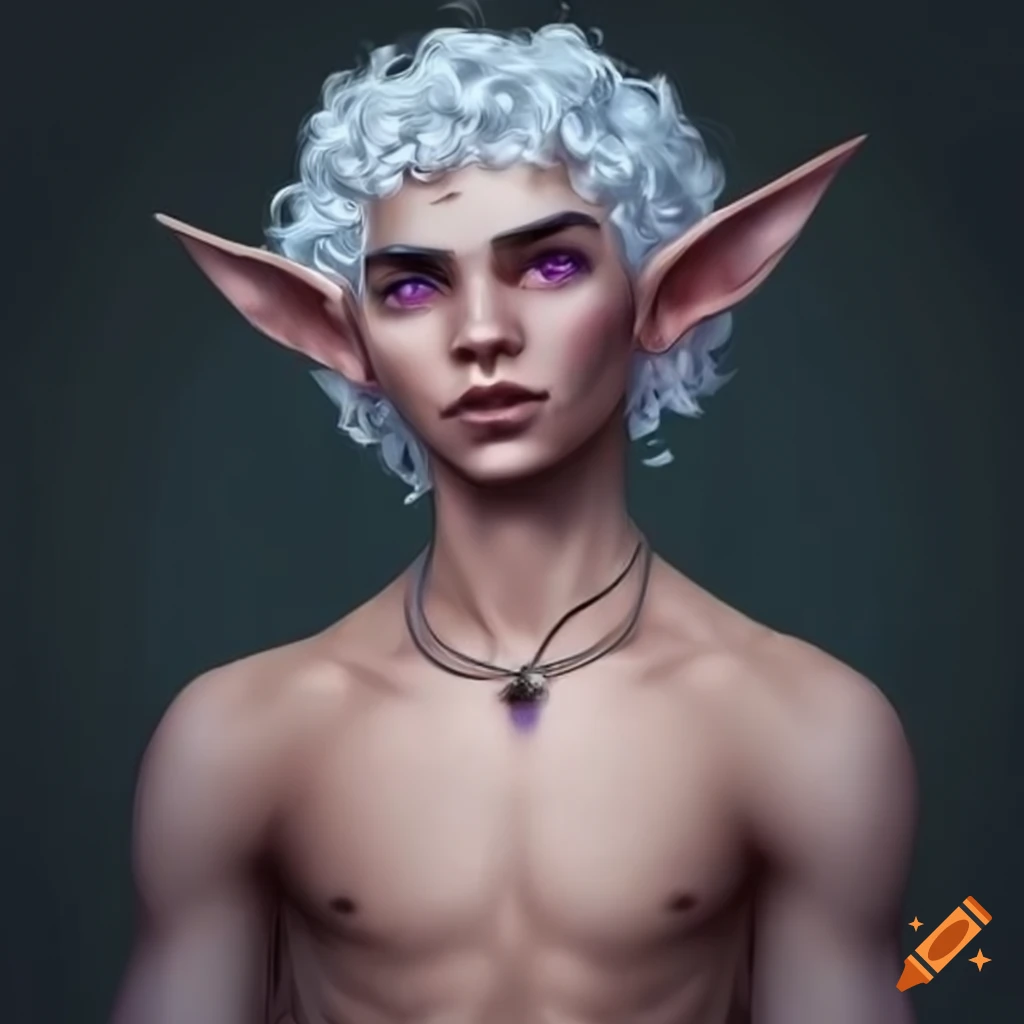 White Curly Haired Elf Male With Dark Skin And Purple Eyes On Craiyon