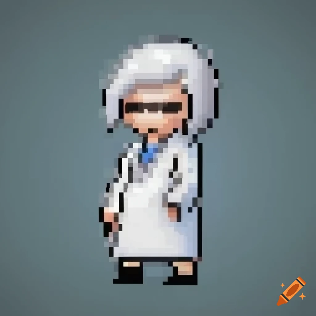 Pixel art of a scientist in a white lab coat, full body on Craiyon