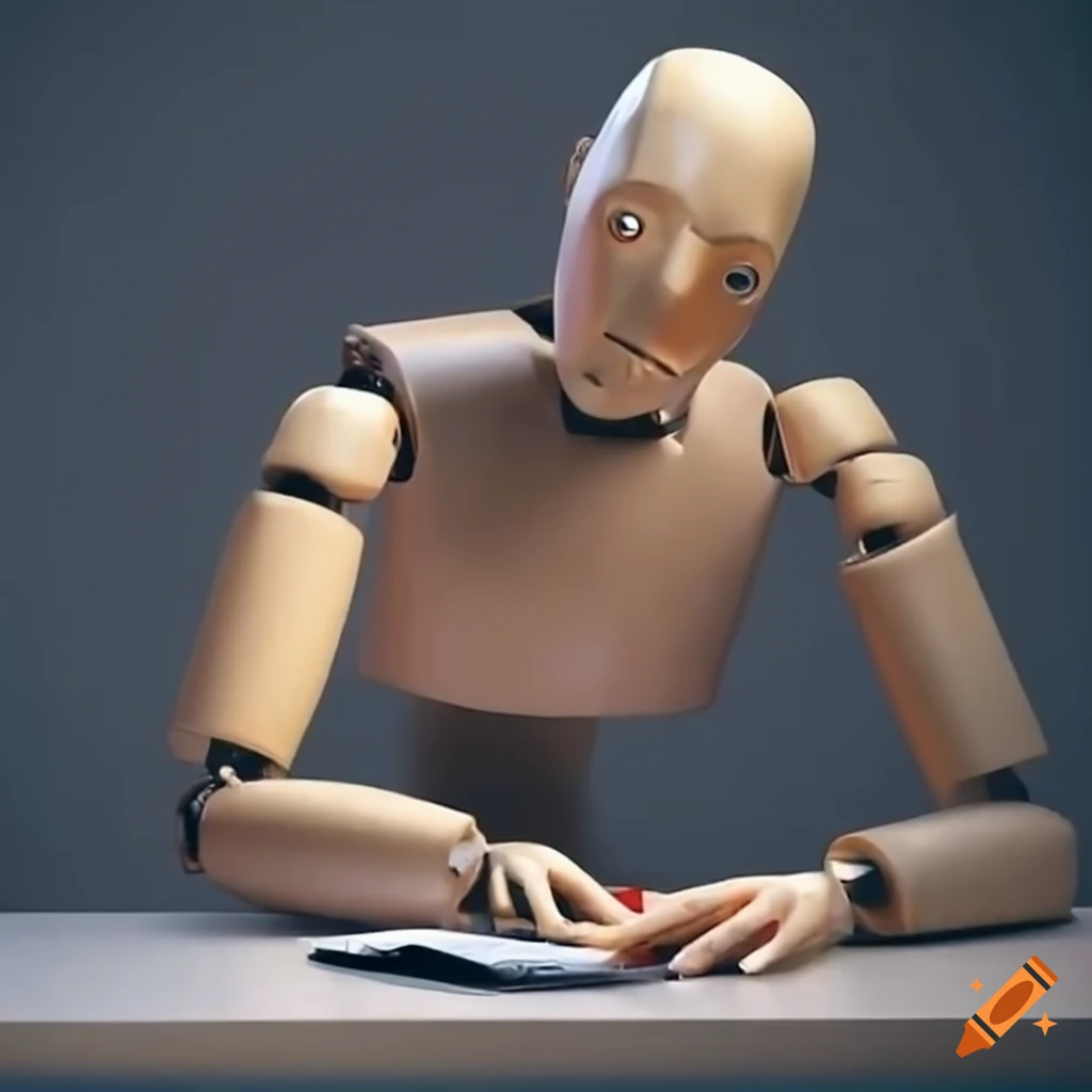 Smailing crash test dummy in a desk