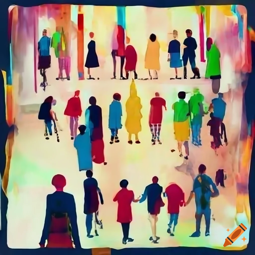 Abstract album art featuring a large group of person holding drinks and ...