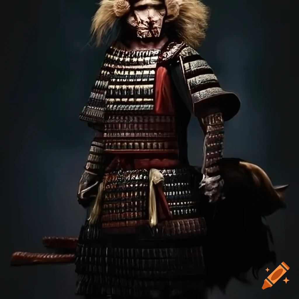 One-eyed samurai, in lion mane attire, riding a black horse on Craiyon