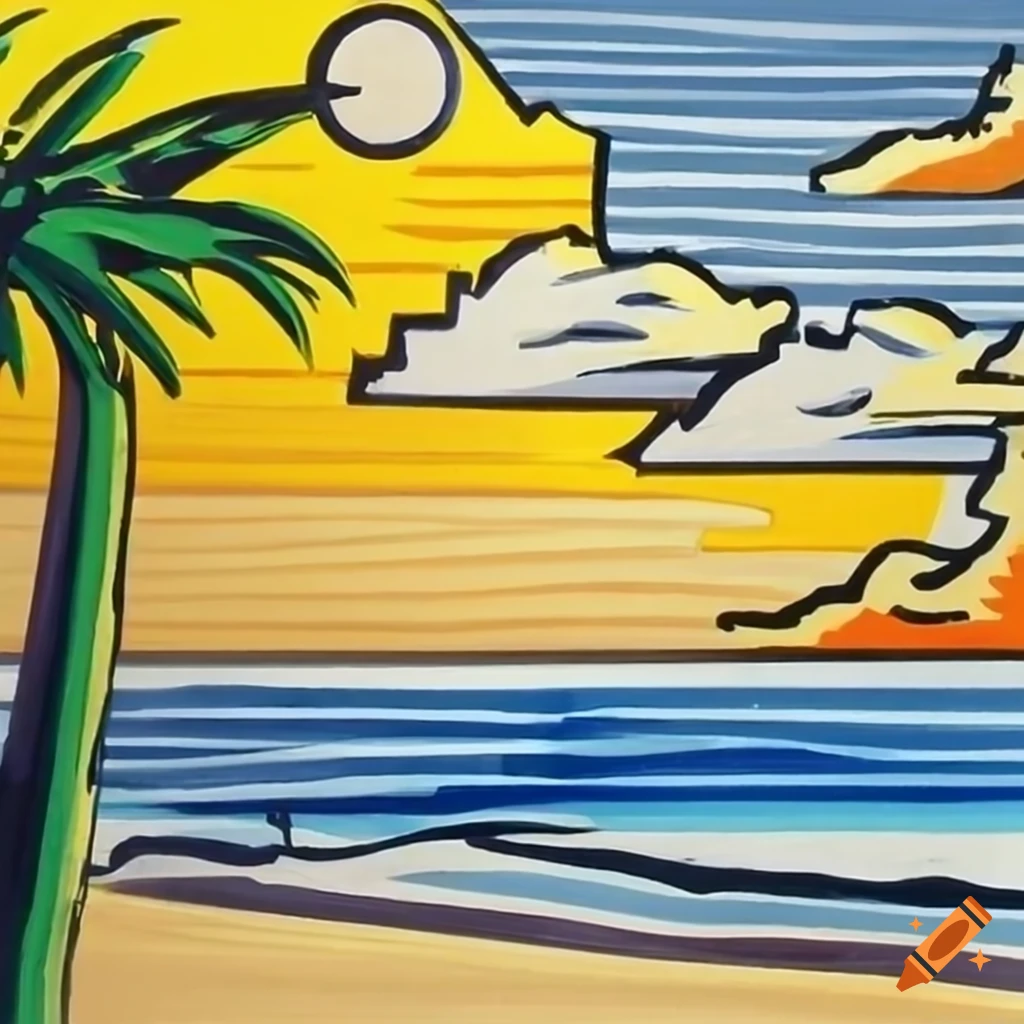 Roy lichtenstein painting of a sunny beach and palm trees on Craiyon