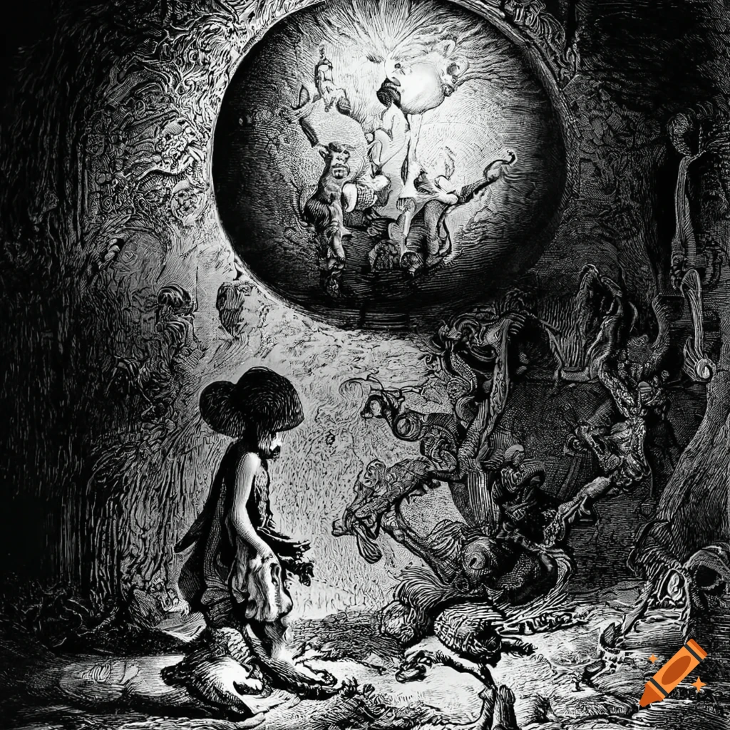 Surreal black and white art depicting tall giants and tiny dwarfs drawn ...