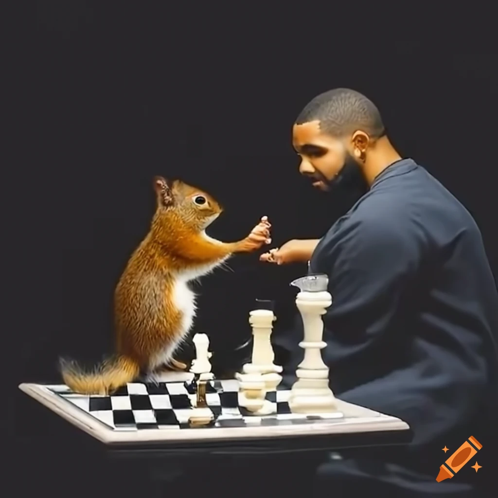 Squirrel the rodent playing a game of chess with drake the rapper