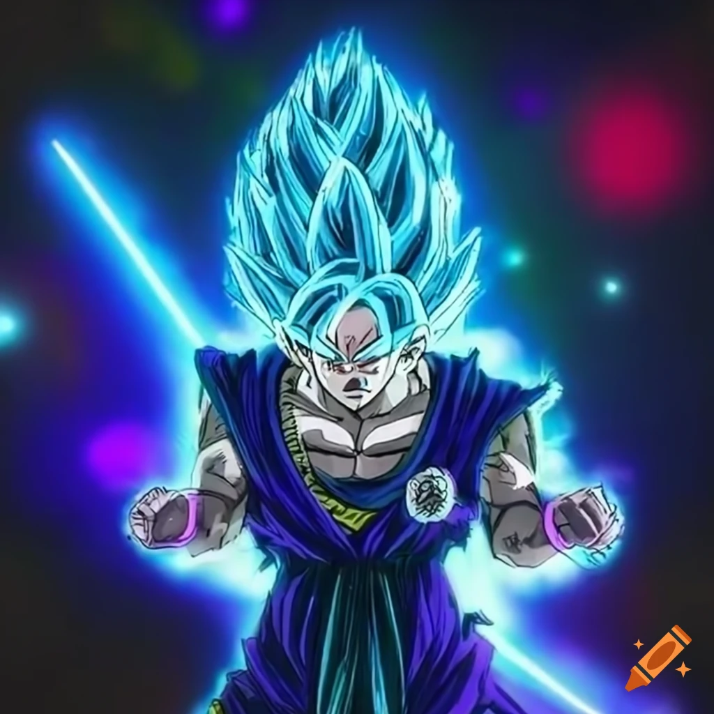 Vibrant artwork of a powerful dragon ball z blue aura and lasers