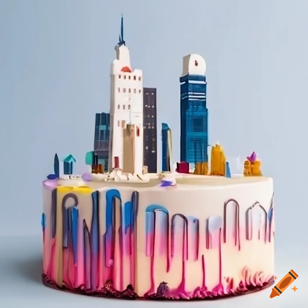 A whimsical cake shaped like a city skyline