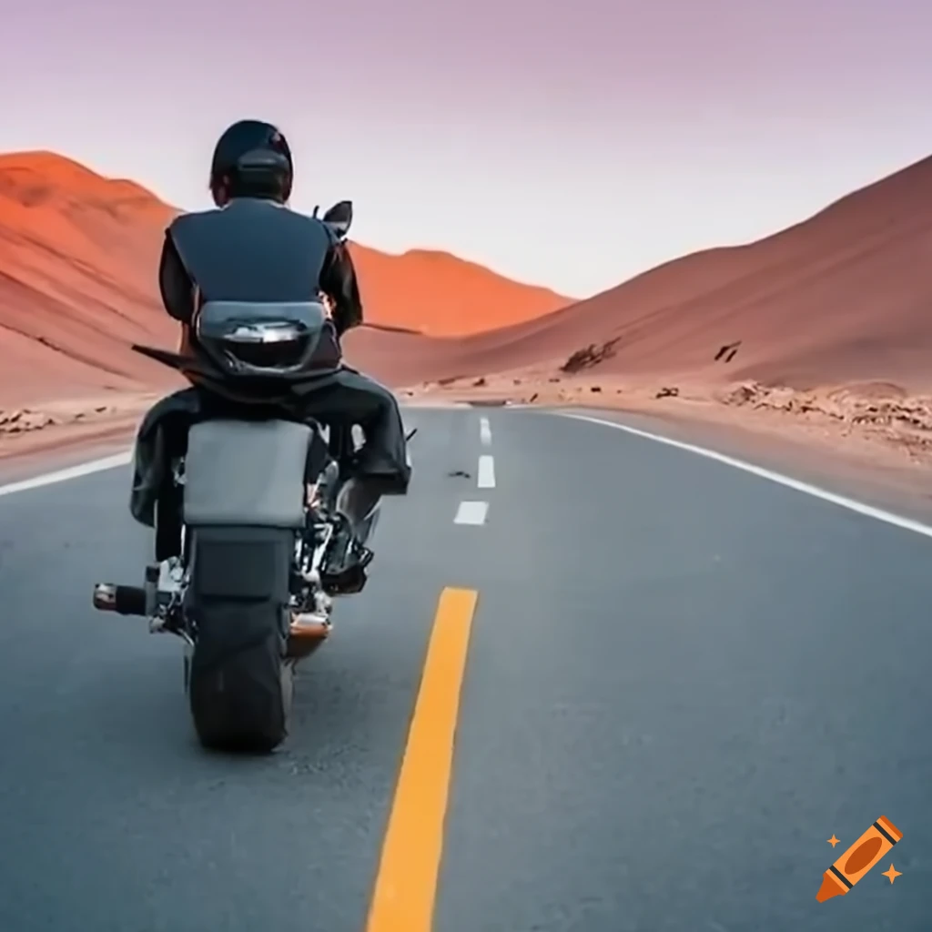 Rear view of motorcycle leaning very sharply into left lane of desert road