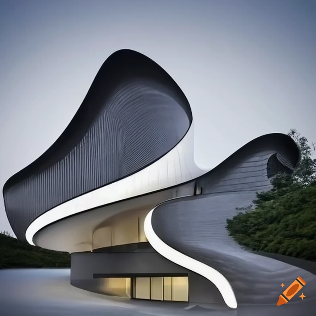 Sleek building with dramatic curves and sharp edges on Craiyon