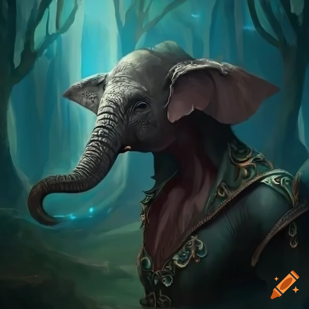 A majestic humanoid elephant adorned in mystical garb, embracing nature ...