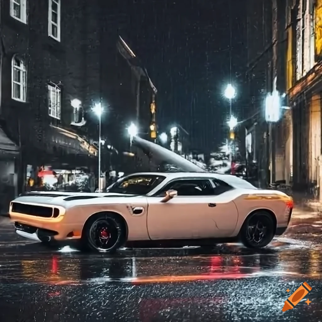 Dodge challenger on the road at night in rain and falling street light ...