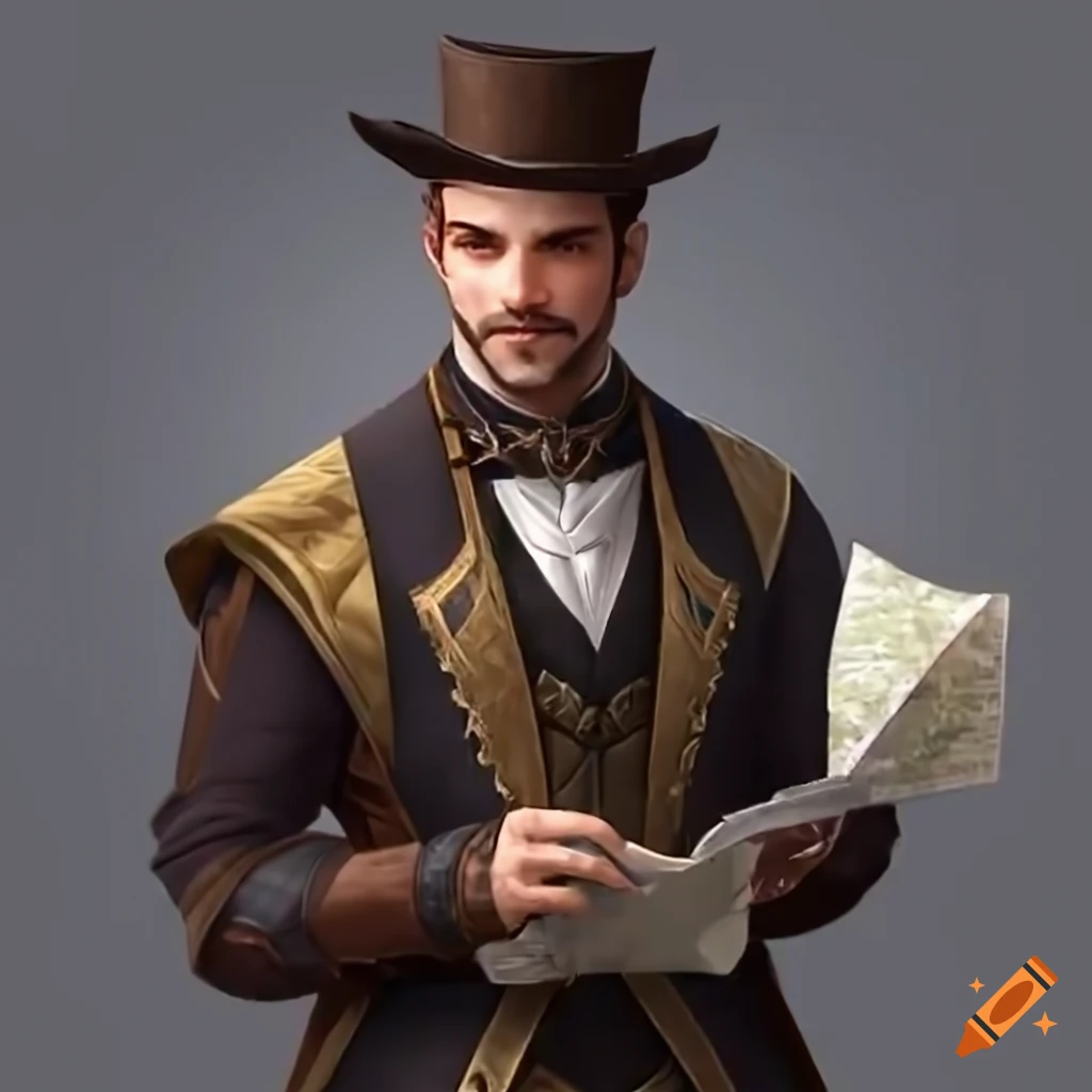 Handsome dnd male artificer, wearing victorian top-hat, holding a map ...