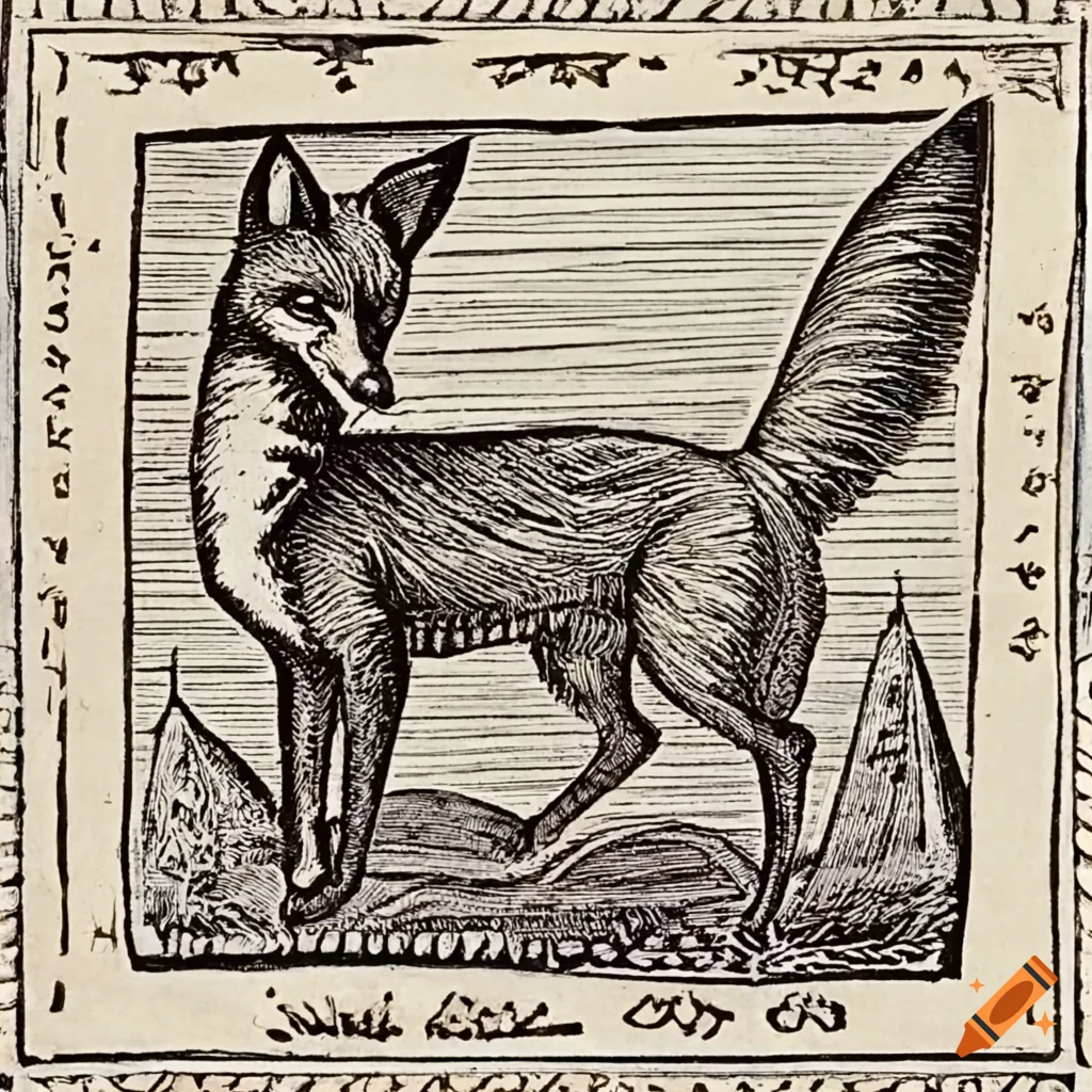 A detailed medieval woodcut of a fox