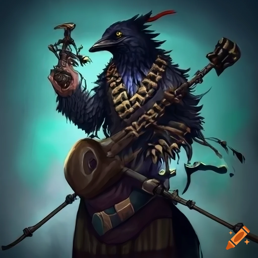 Anthropomorphic crow, bipedal, wearing fantasy clothing, black feathers ...