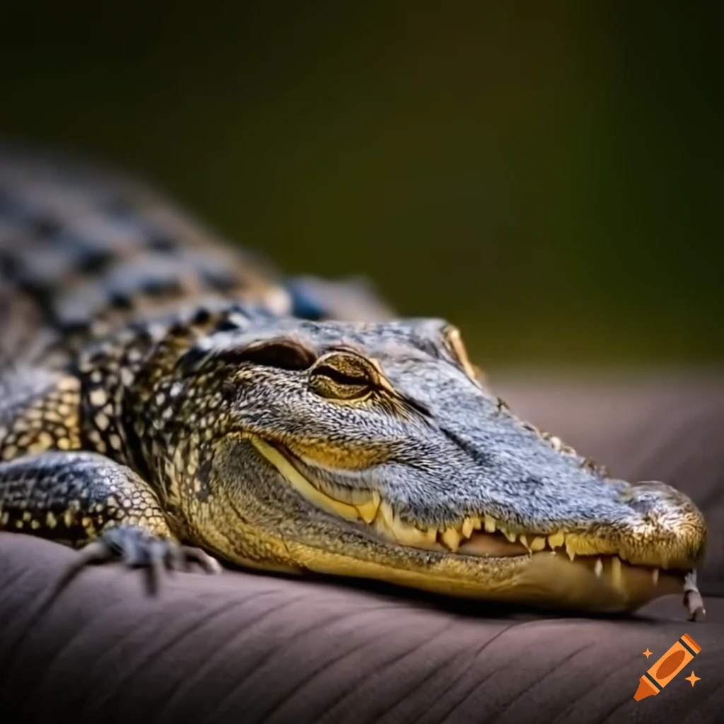 A chubby pet alligator resting on a cozy couch on Craiyon