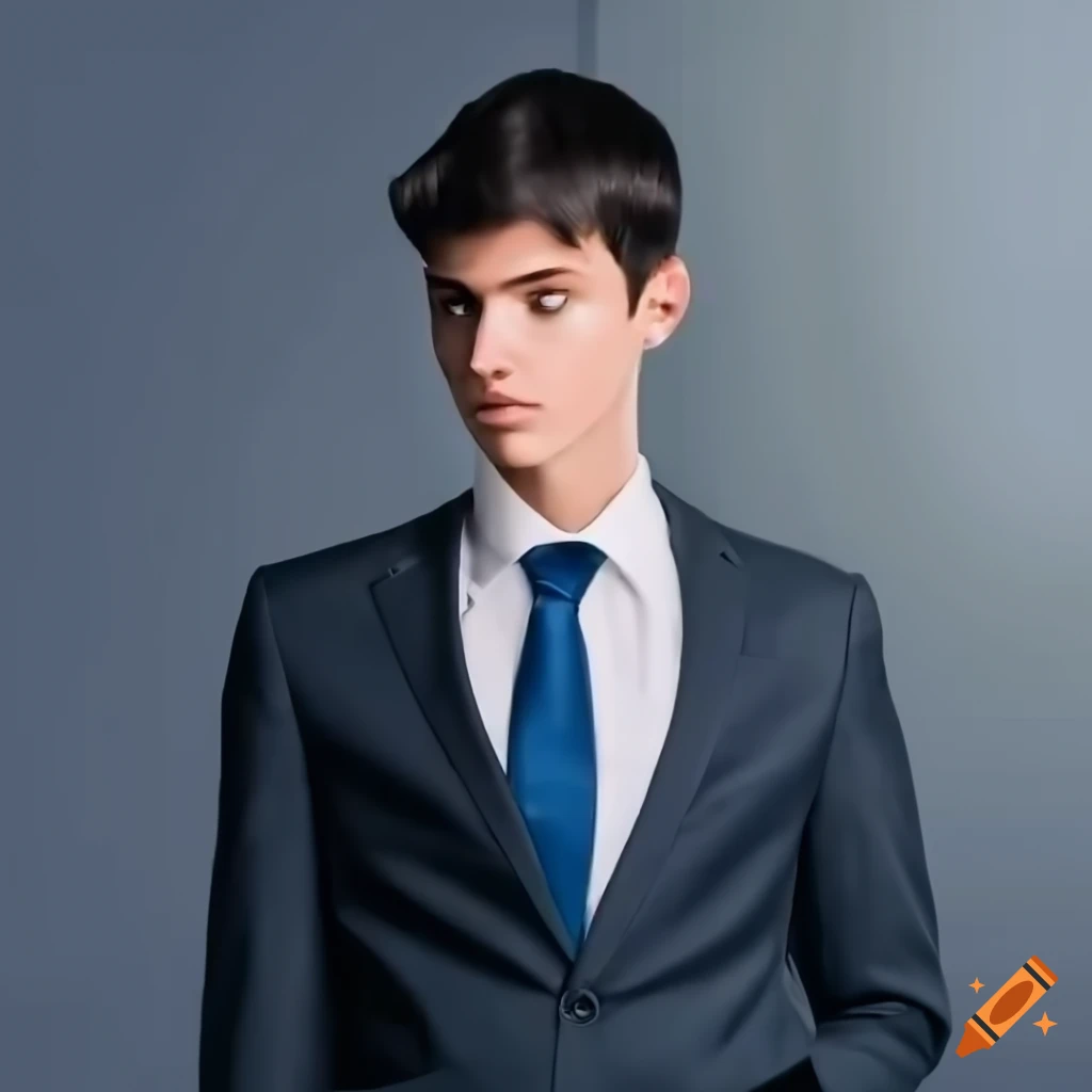 Young pretty male college student with floppy black hair, wearing a form fitting skinny business ...