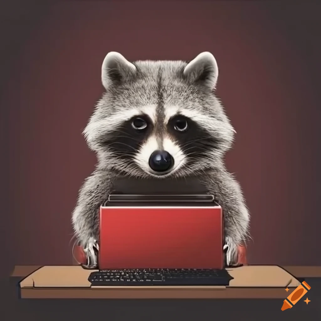 A clever raccoon typing on a computer with style and a red cap