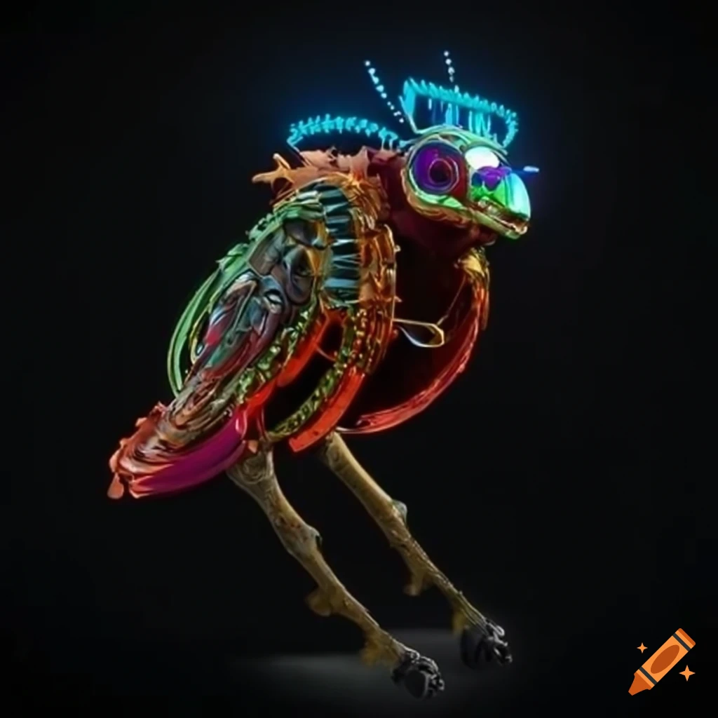 An exquisite, vibrant mechanical bird like a cyborg