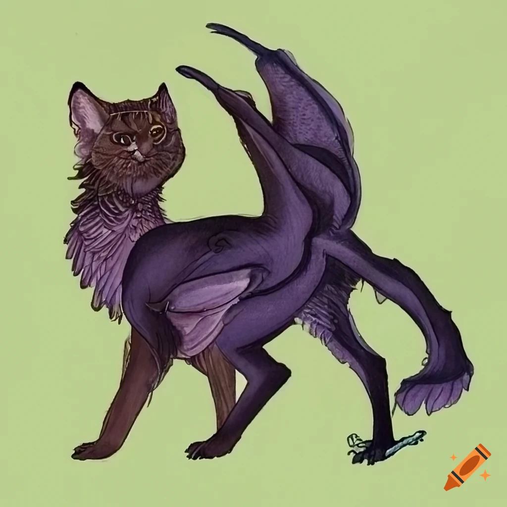 Hybrid of a raven and a cat, with a feathery mane, wings, talons, and a ...