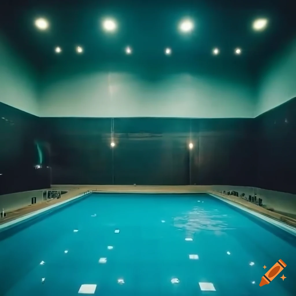 Real life, liminal space, a pool space, and a tiled floor high quality, realistic lighting ...