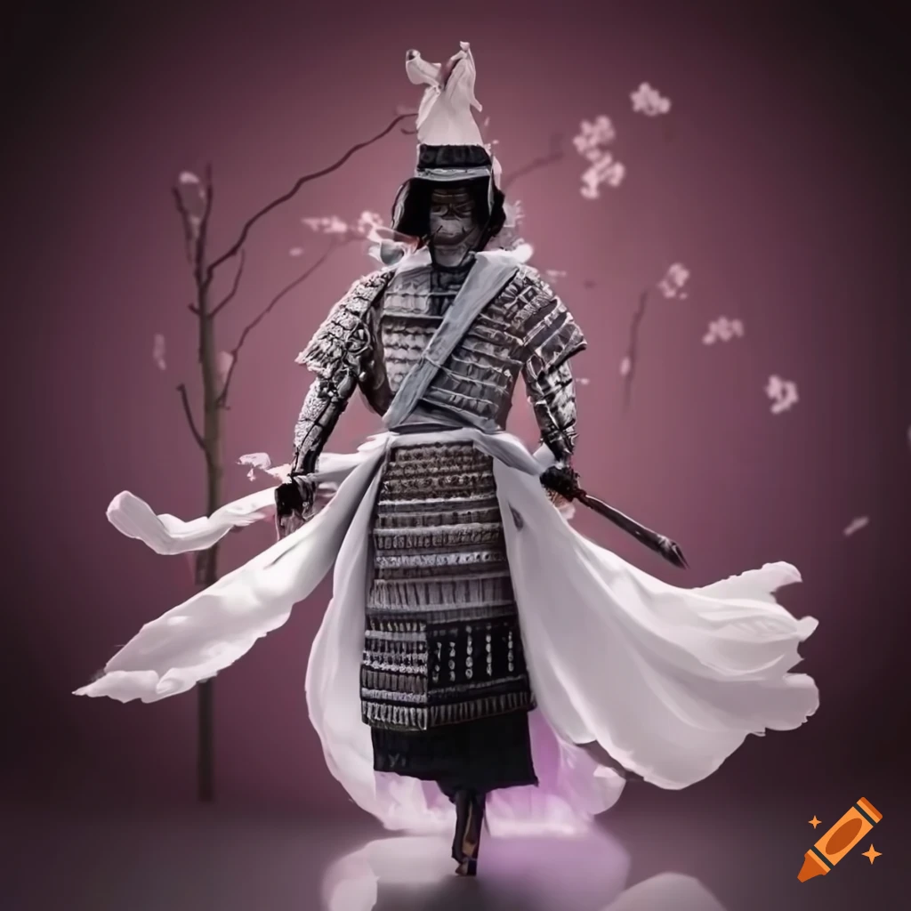 Glistening white samurai with flowing robes slashing in front of a ...