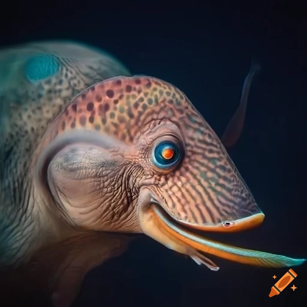 A whimsical small aquatic hybrid creature with a mixture of features of both elephants and carps ...