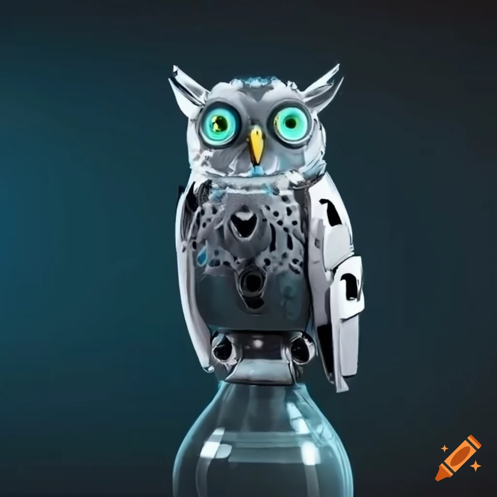 A futuristic robotic owl, standing on a plastic bottle
