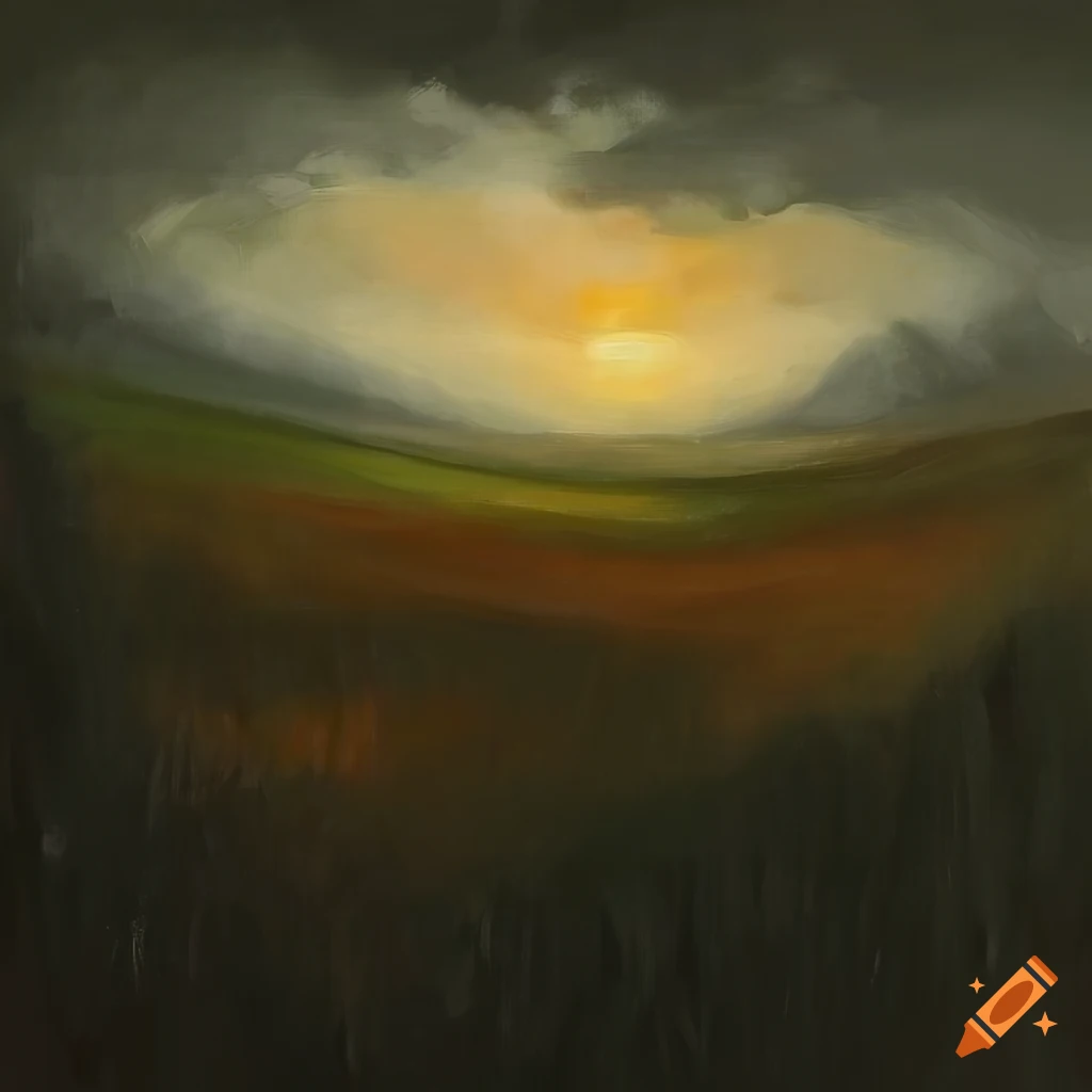 Dreary oil painting of an open medieval field, subdued