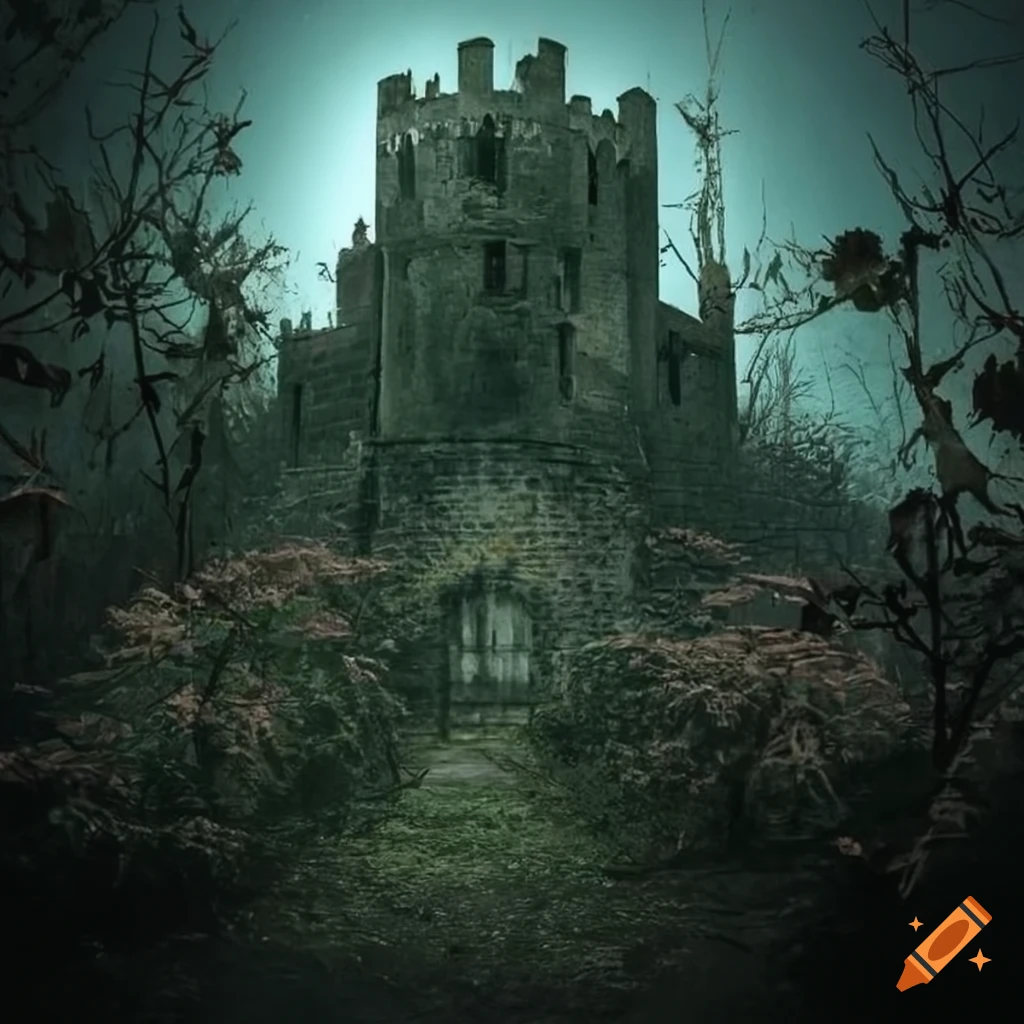 A grey abandoned castle overgrown in roses and thorns on Craiyon