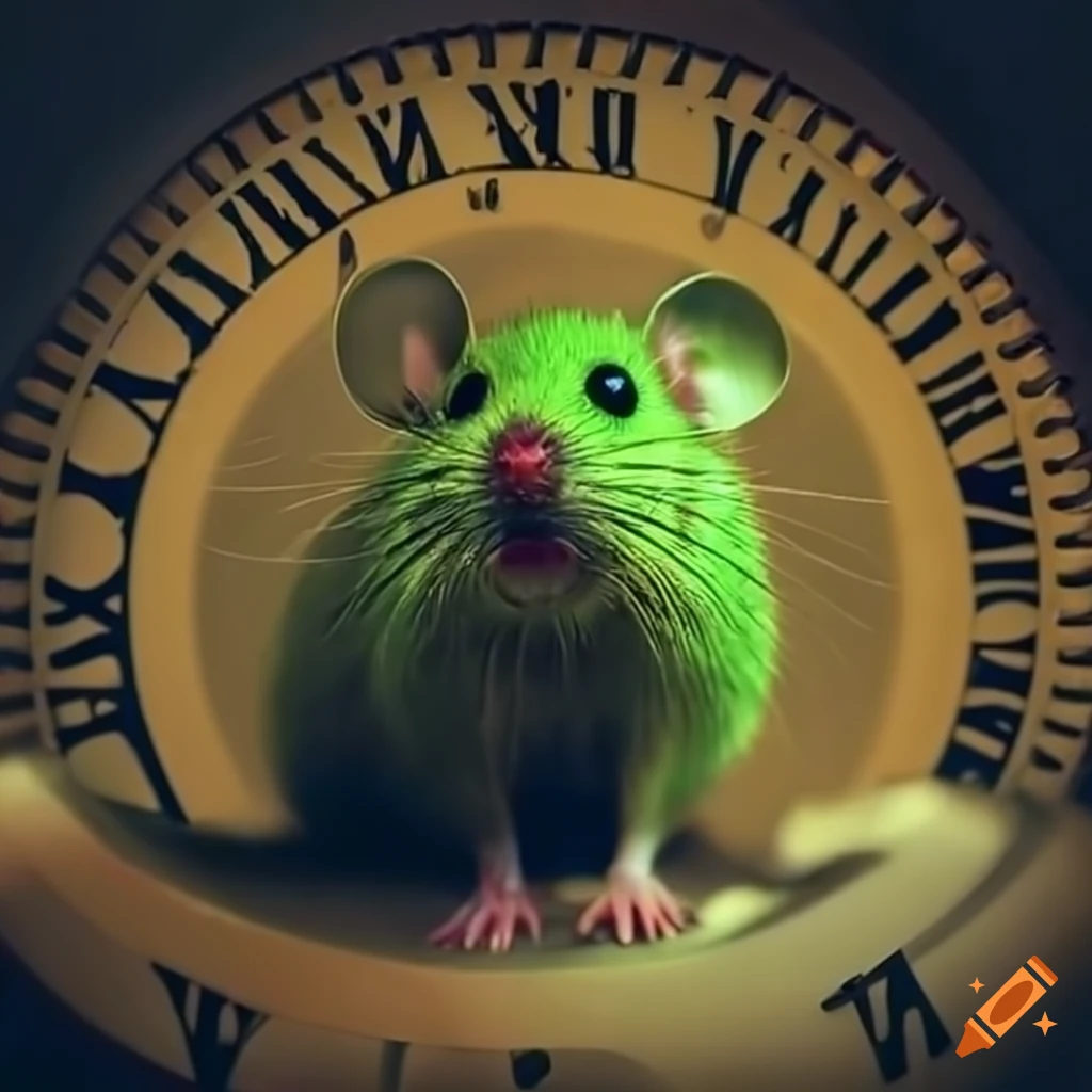 A green animal mouse surrounded by intricate clock gears